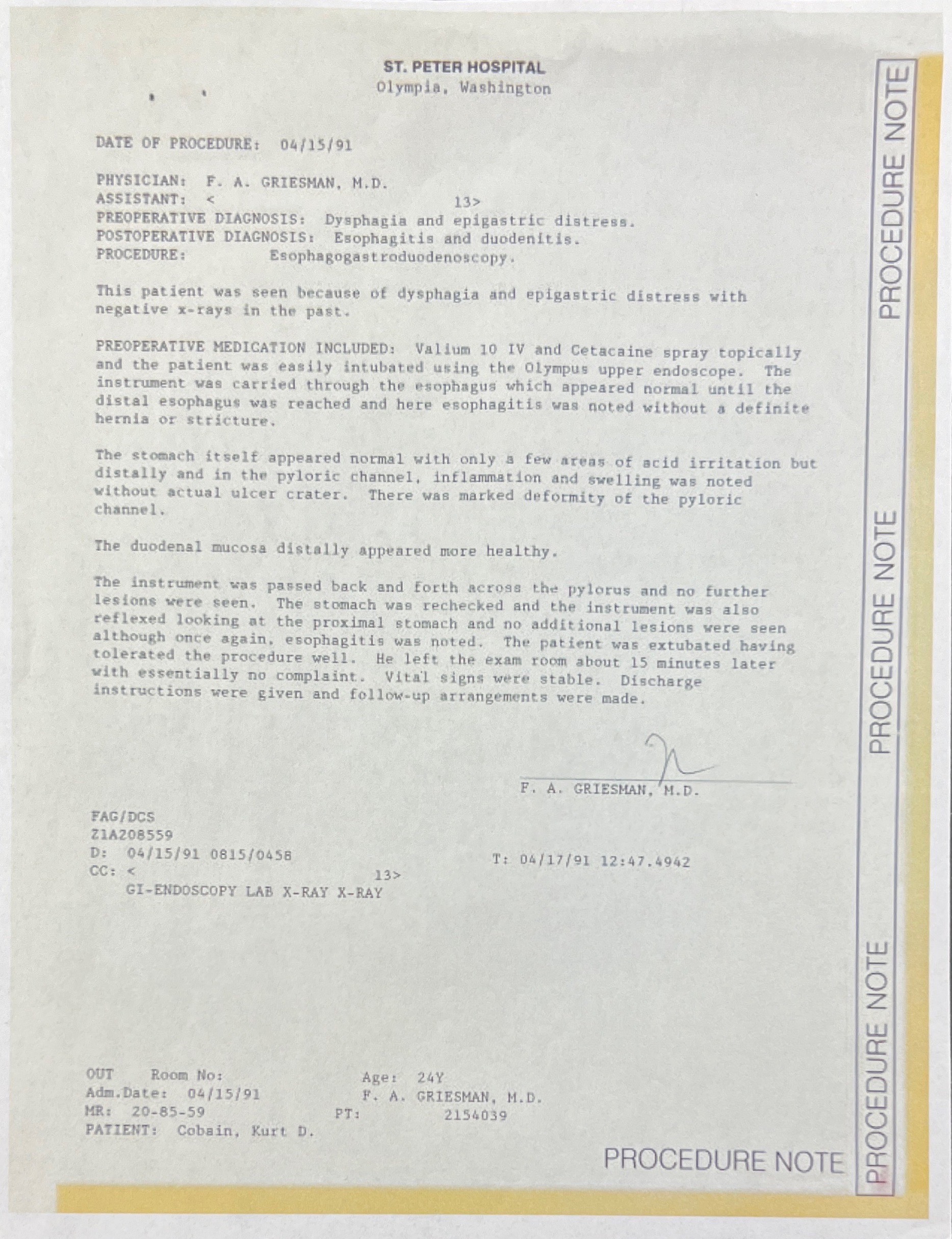 Lot Detail - Nirvana: Kurt Cobain Signed Medical Record from Trip to ER ... Lot Detail - Nirvana: Kurt Cobain Signed Medical Record from Trip to ER ...